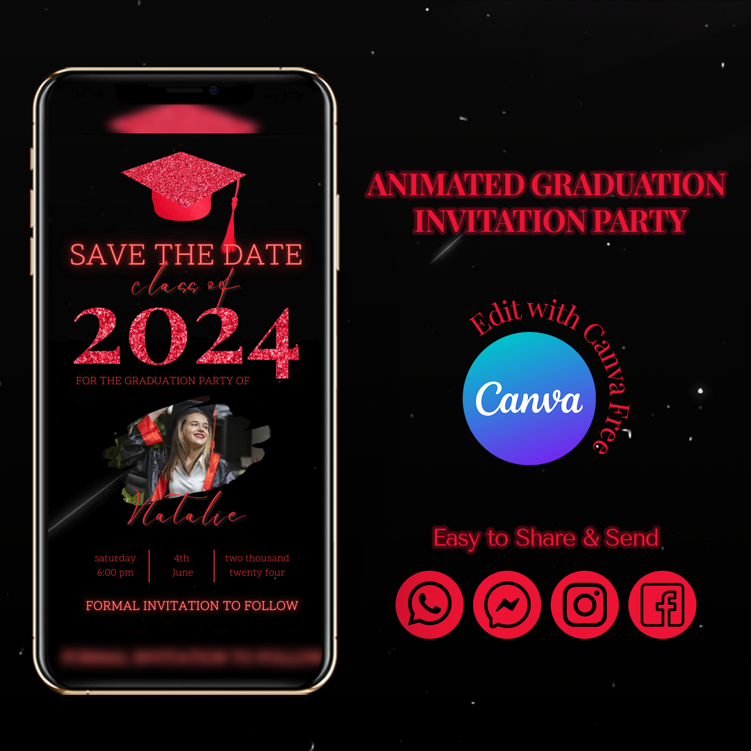 Red Glitter Graduation Party Invitation Video Canva Template - Metta ...