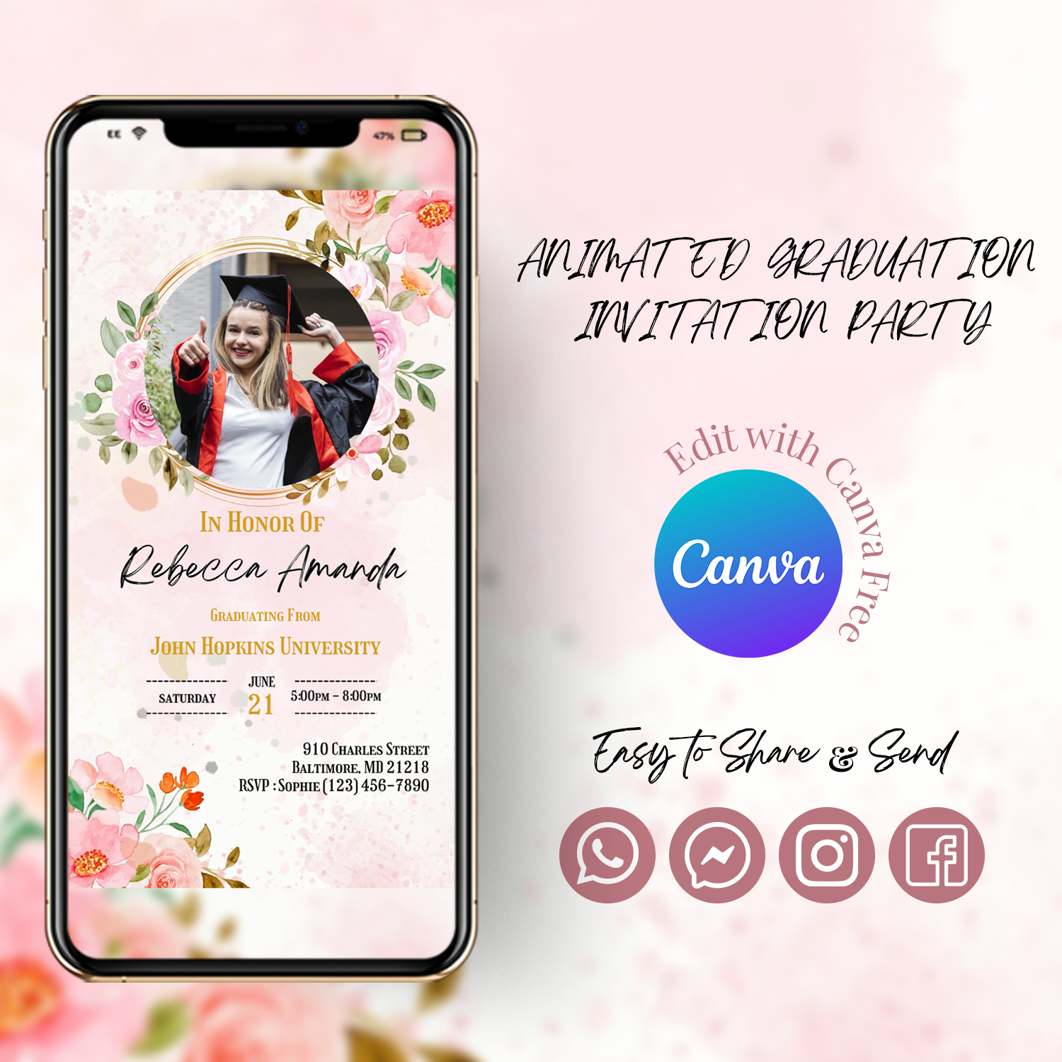 Floral Graduation Announcement Invitation Video Canva Template - Metta ...
