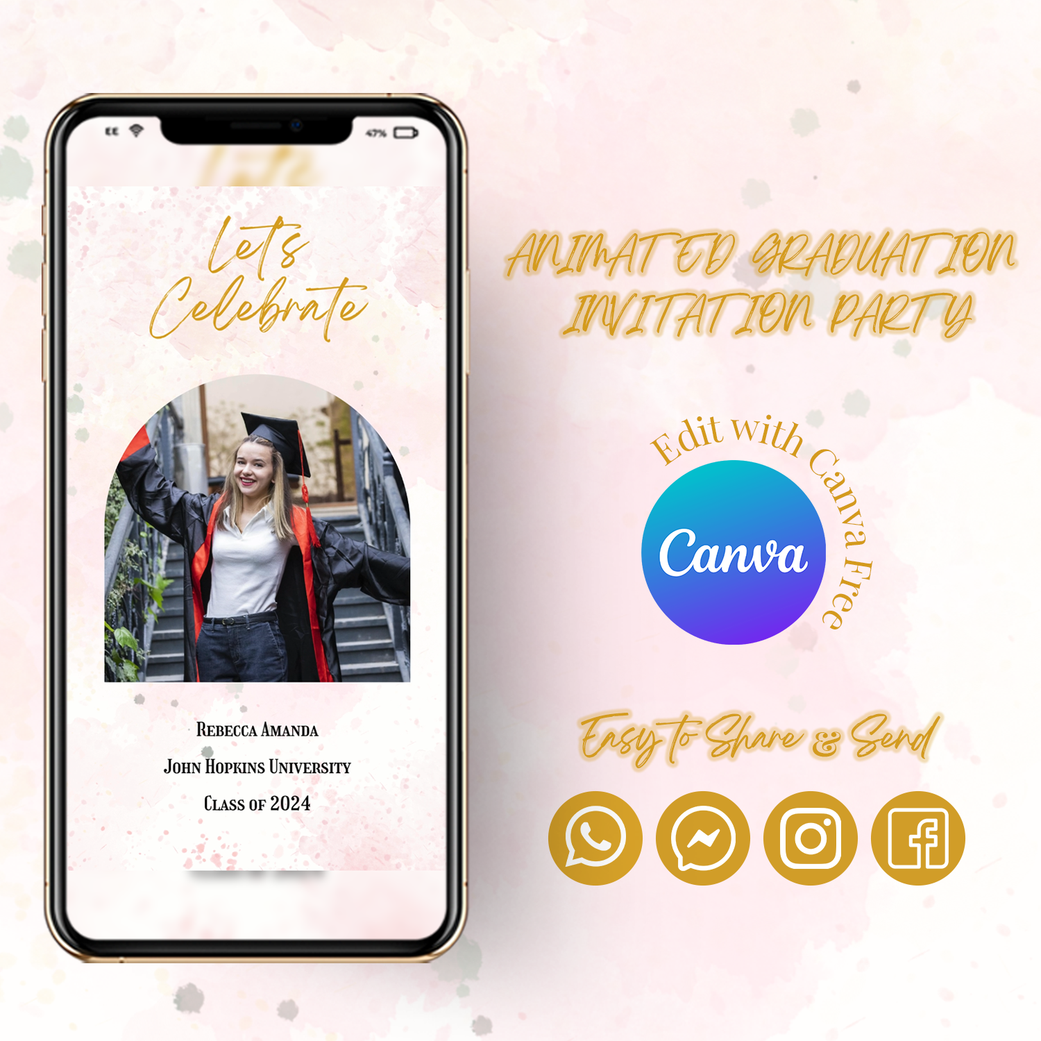 Watercolor Graduation Invitation Video Canva Template - Metta Invitation